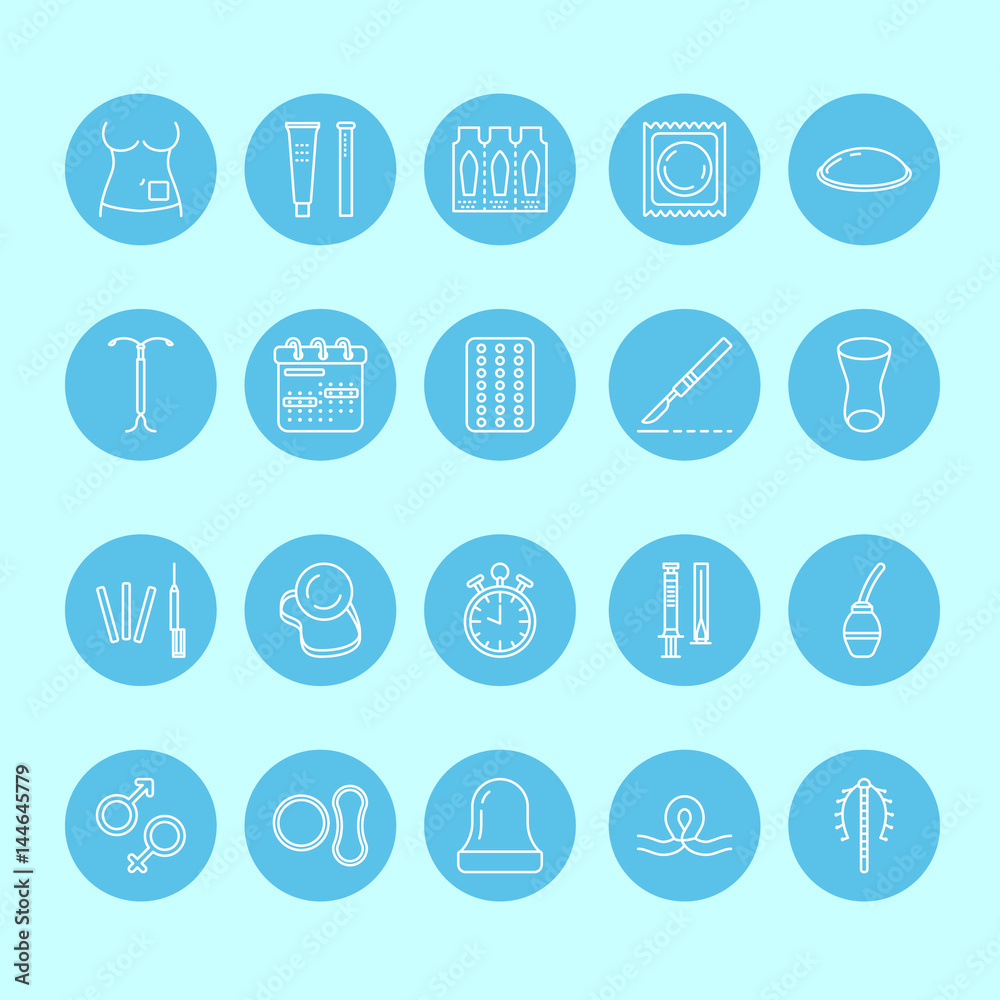 Contraceptive methods line icons. Birth control equipment, condom, oral ...