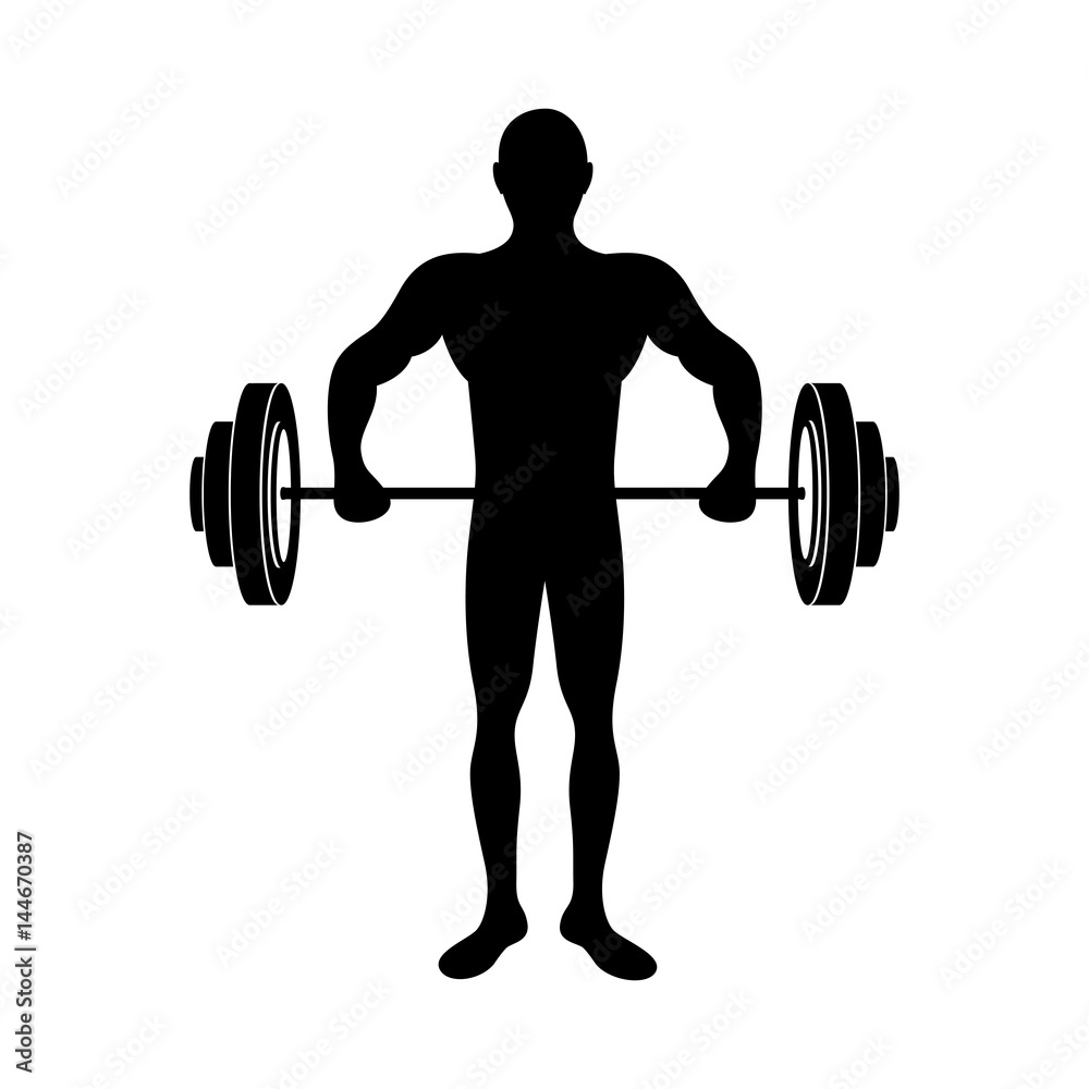 black silhouette muscle man lifting a disc weights vector illustration ...