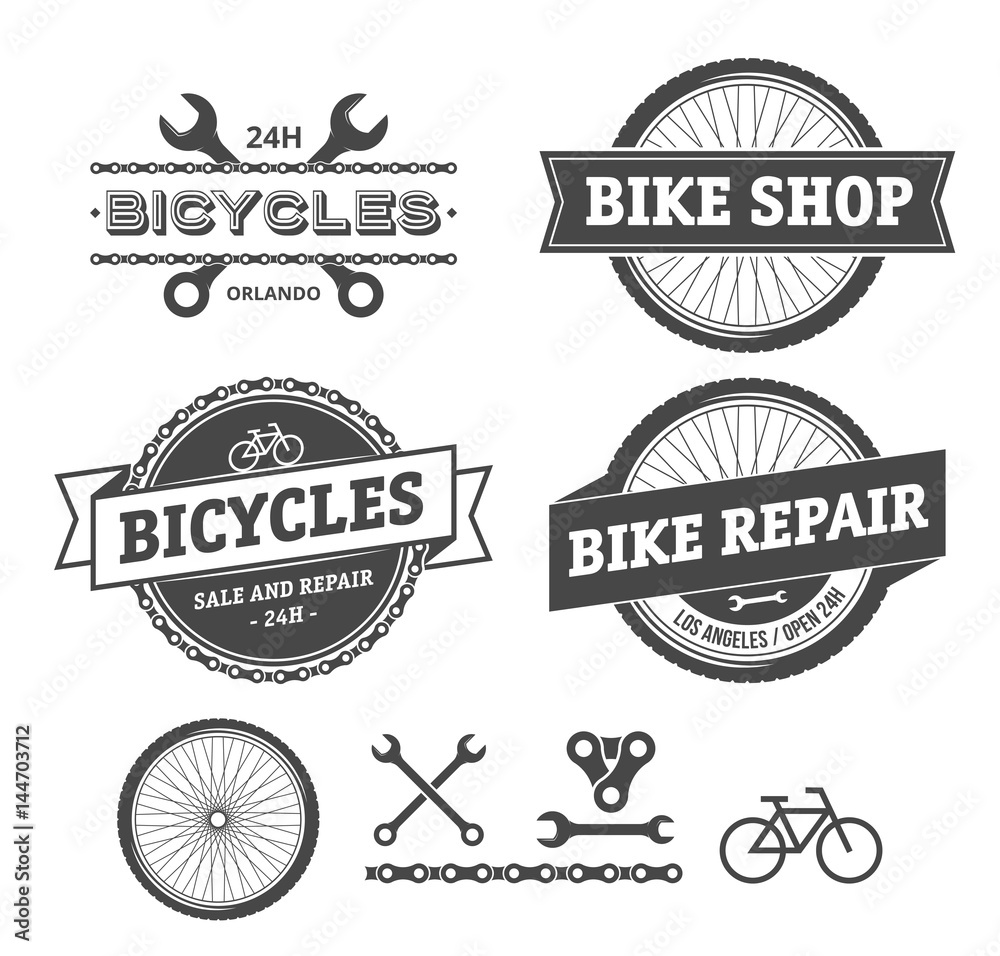 Bike shop and repair emblems Stock Vector | Adobe Stock