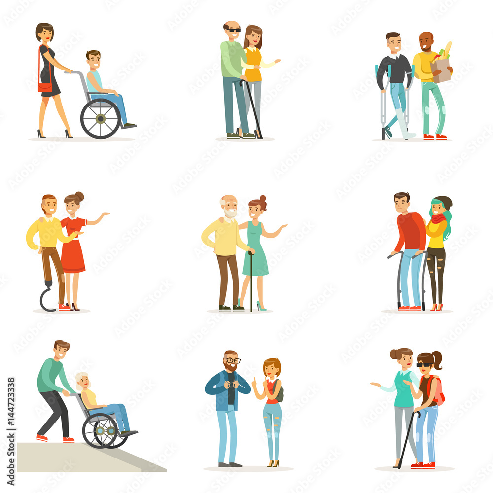 Help and care for disabled people set for label design. Cartoon ...