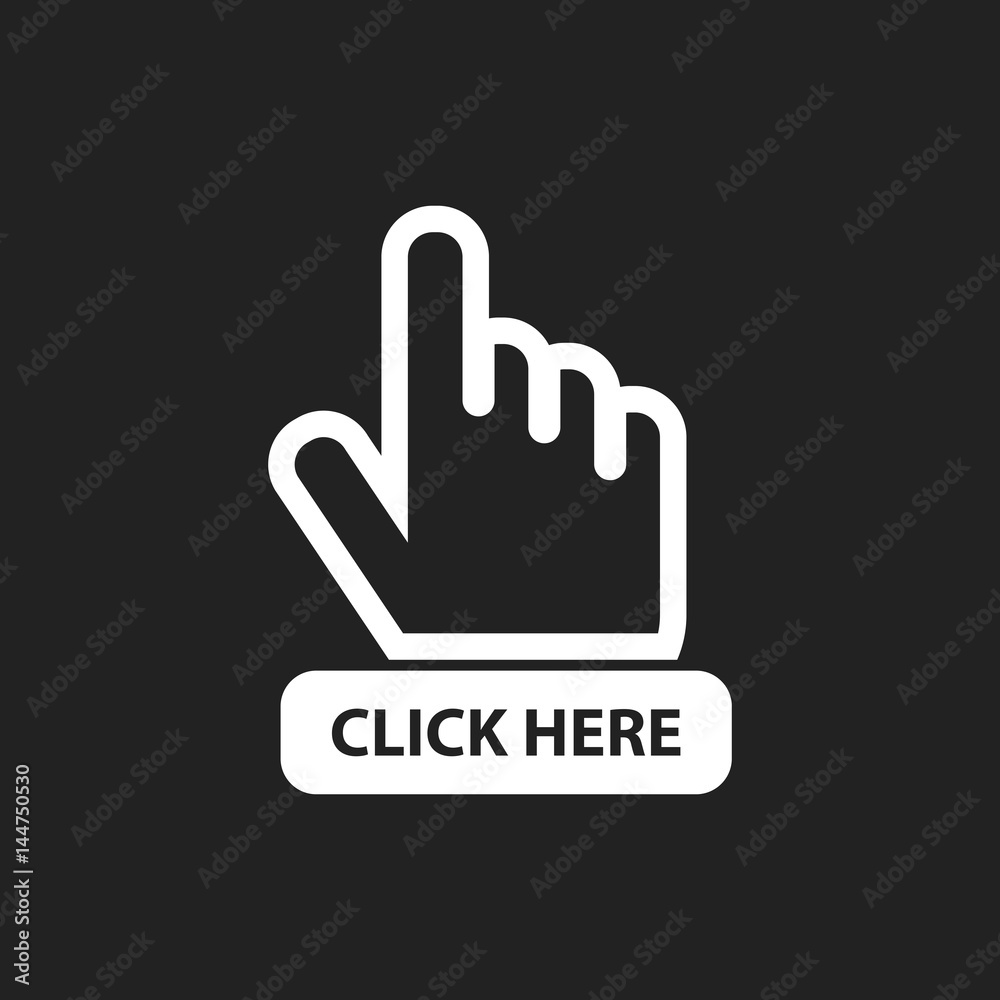 Click here icon. Hand cursor signs. White button flat vector ...