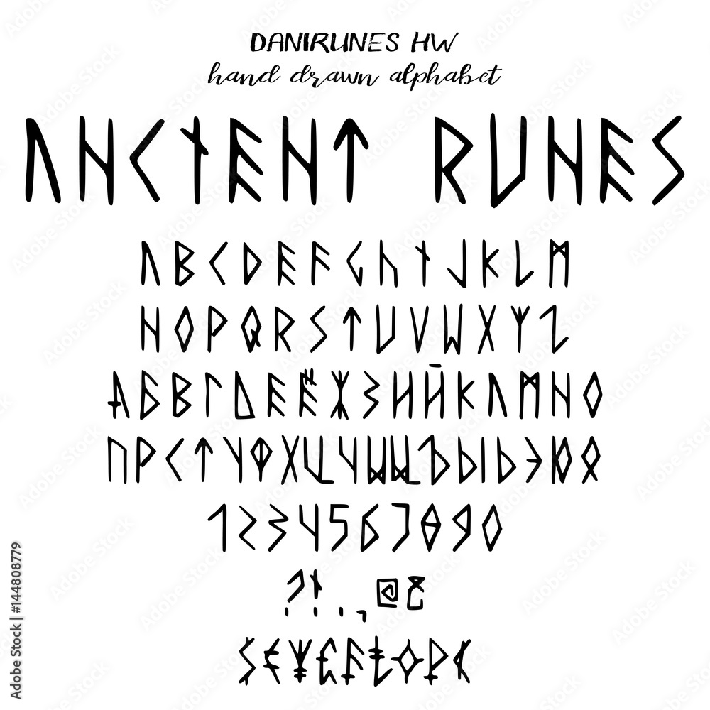 เวกเตอร์ Stock Hand drawn alphabet, written font in style of ancient ...