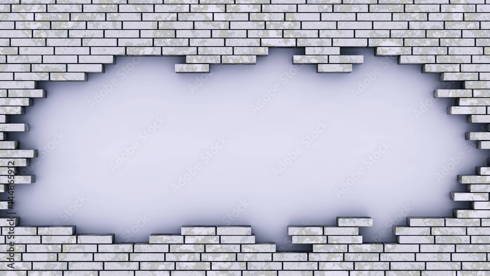 Beautiful brick background, rift in brick wall, hole in wall on white ...