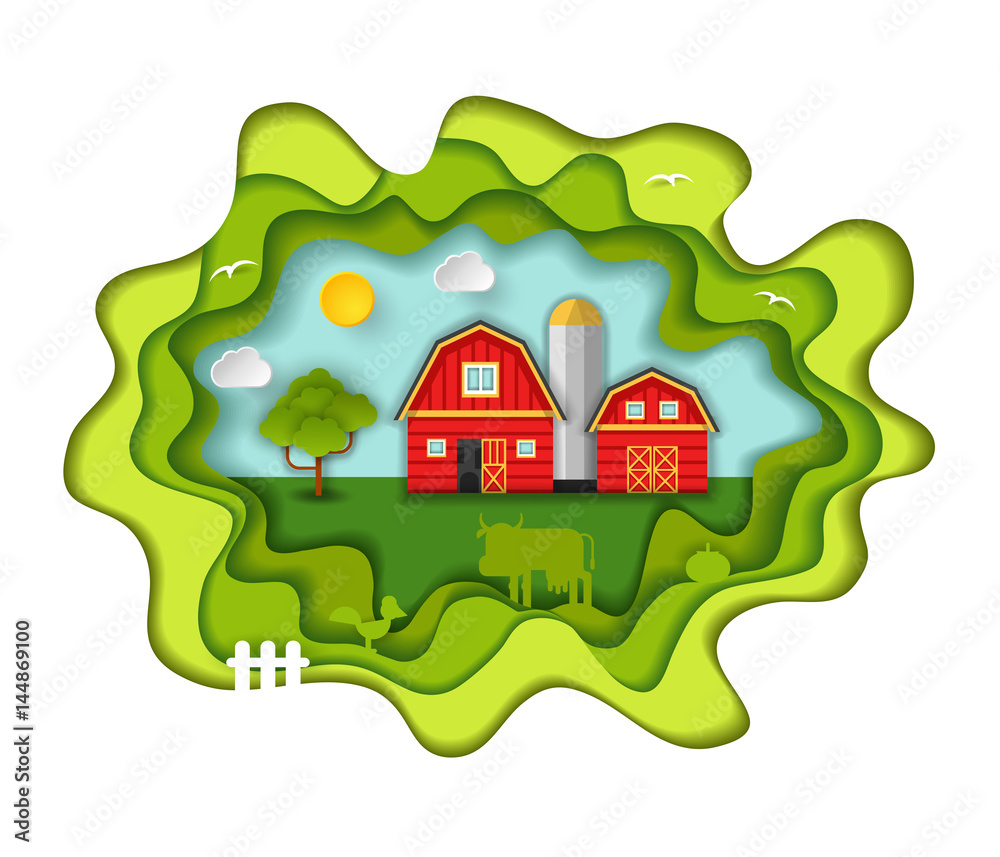 Paper art carving with farm barn house. Including sun, clouds, birds ...