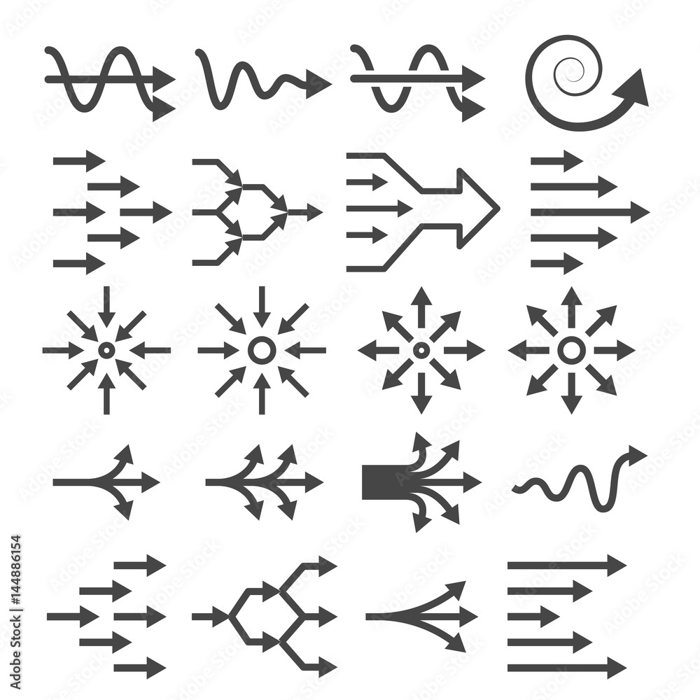 Transition icon set. From complex to simple and back. Arrow diagrams ...