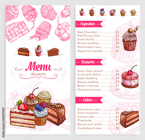 Vector pastry menu with dessert cakes and pies Stock Vector | Adobe Stock
