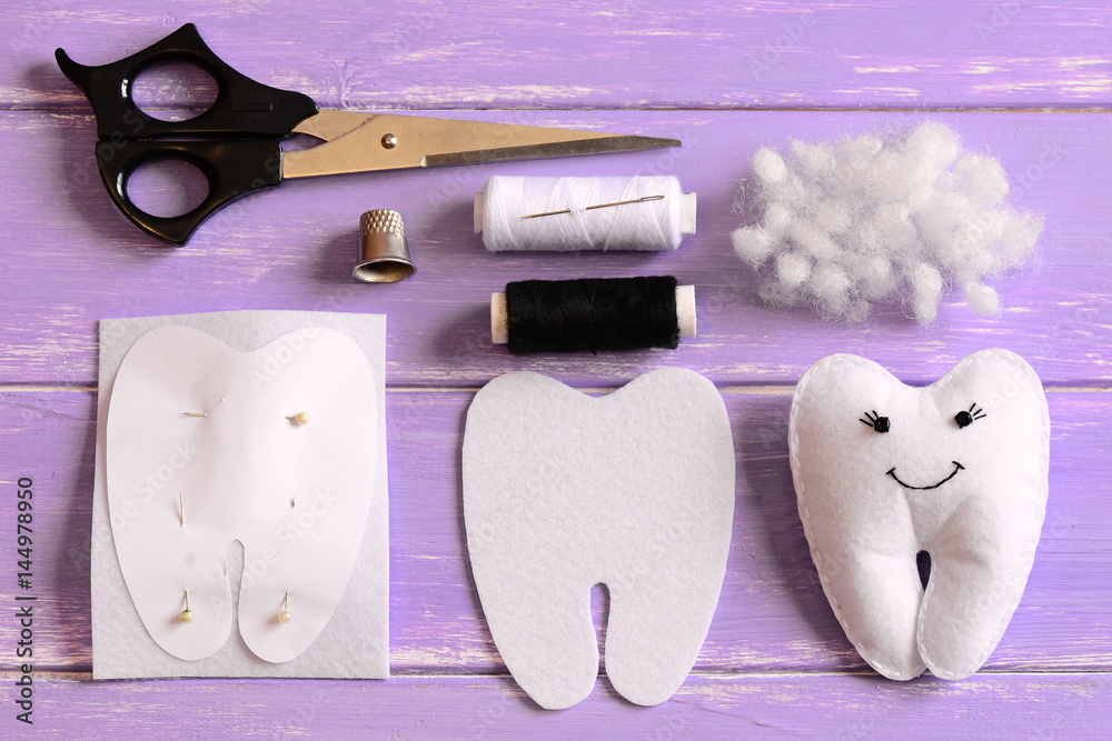 Felt tooth fairy, paper template, felt piece in a shape of a tooth ...