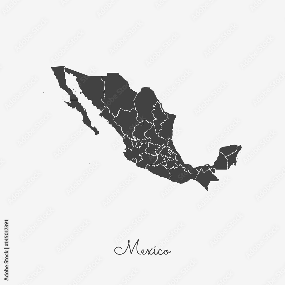 Mexico region map: grey outline on white background. Detailed map of ...