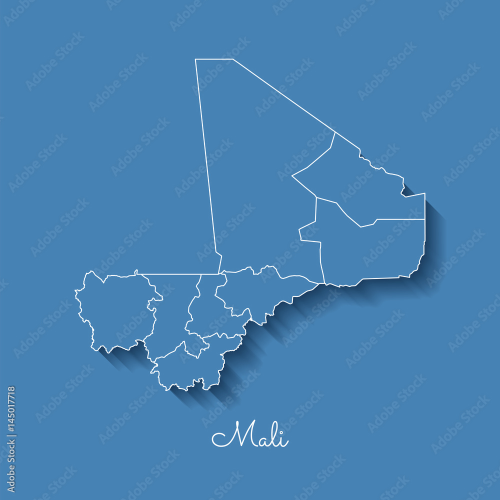 Detailed vector illustration of Mali regions, featuring a blue background with a white outline ...