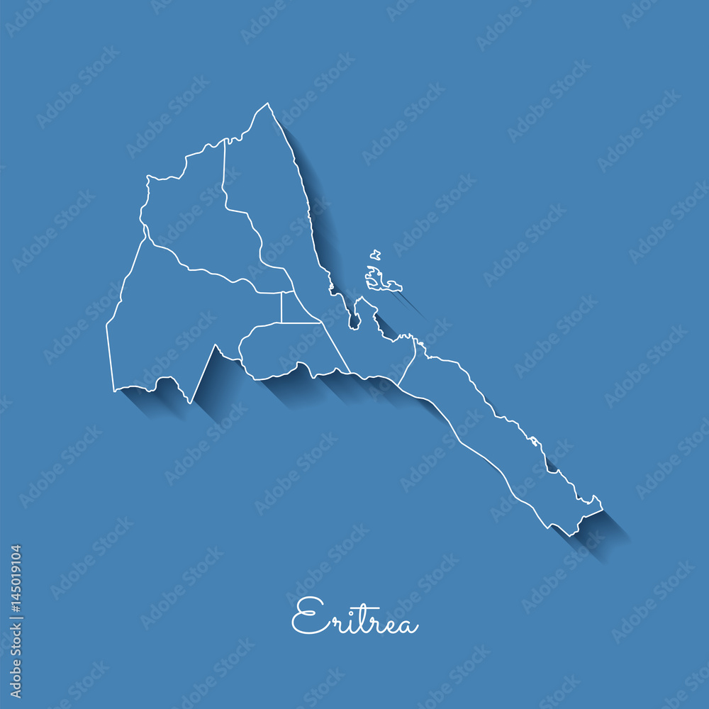 Eritrea region map: blue with white outline and shadow on blue background. Detailed map of ...
