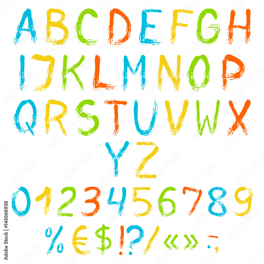 Colorful painted english alphabet with numbers and symbols. Vector set ...