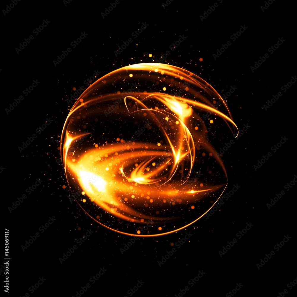 3D Atom icon. Luminous nuclear model on dark background. Glowing energy ...