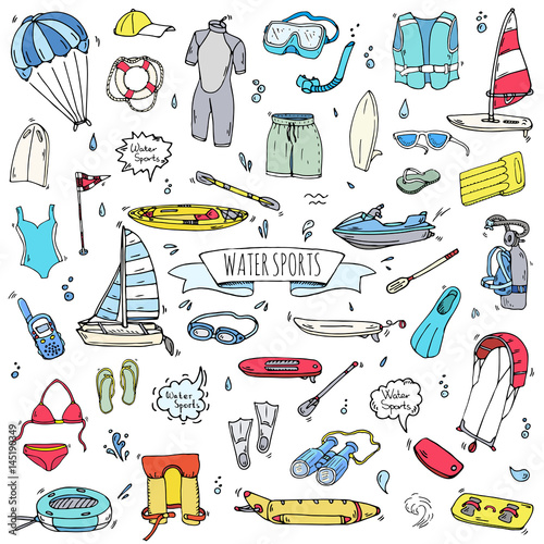 Hand drawn doodle Water sports icons set. Vector illustration, isolated ...