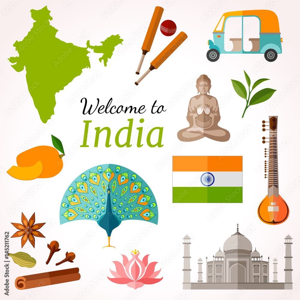 India travel banner with famous indian symbols, culture vector element ...