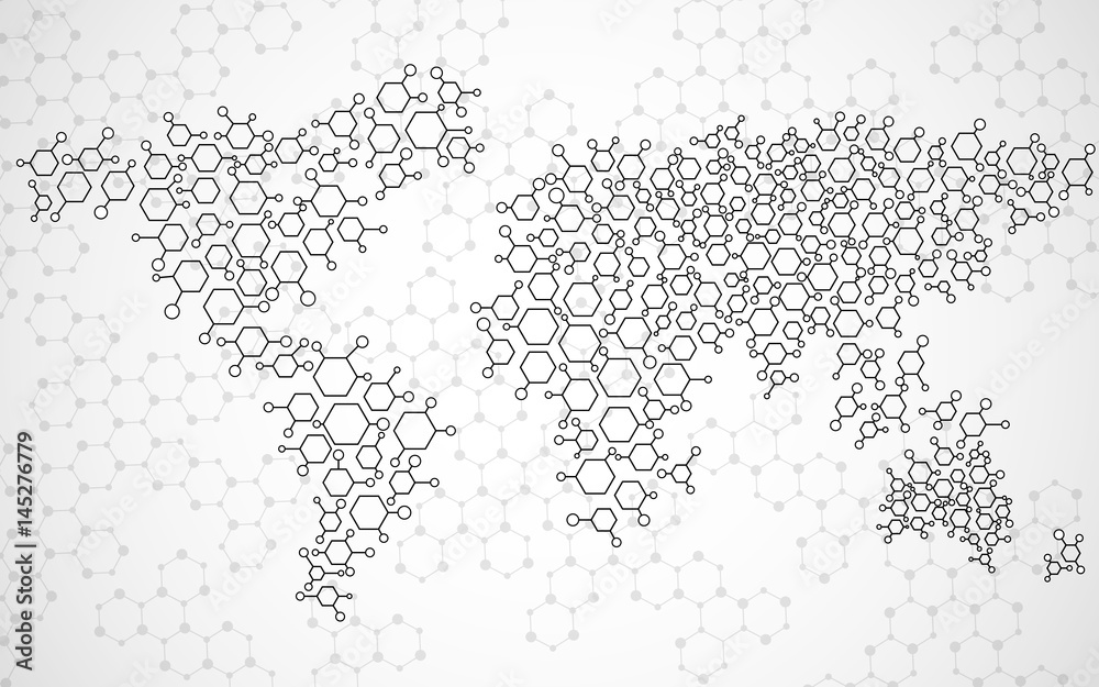 Abstract world map of hexagonal molecular structures. Vector Stock ...