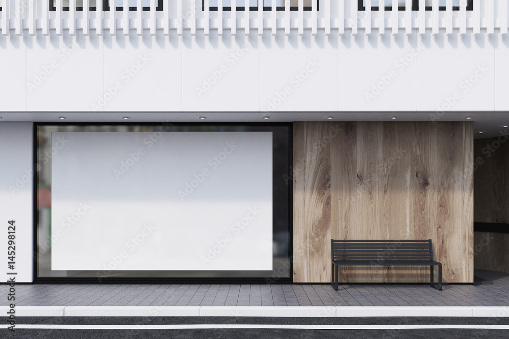 Shop window, poster, bench, white Stock Photo | Adobe Stock