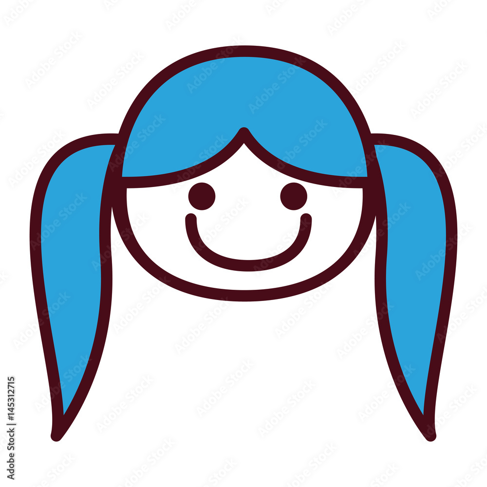 hand drawing silhouette front face girl with blue pigtails hair vector ...