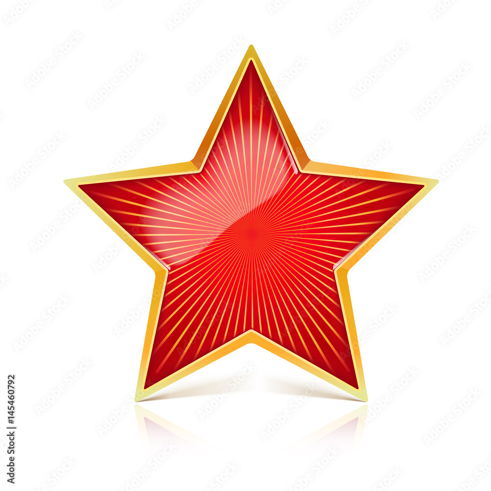 Red star with gold metal rim and radiating from the center rays ...