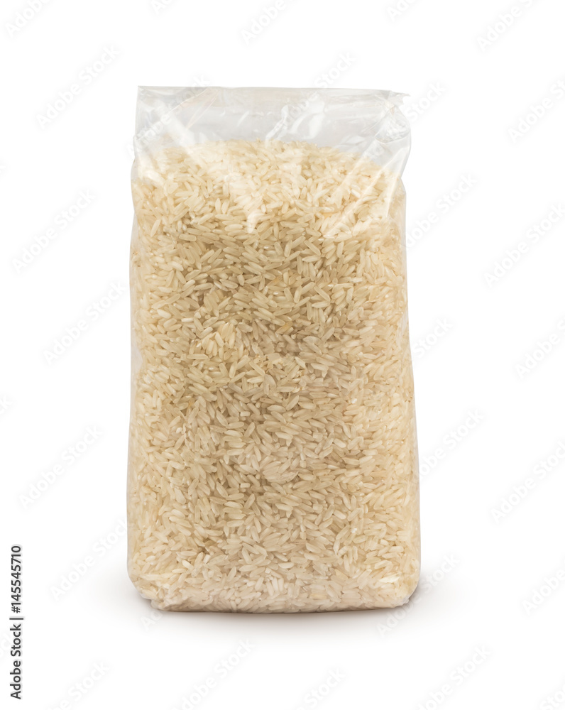 Plastic bag of dry long rice isolated on white background with clipping ...