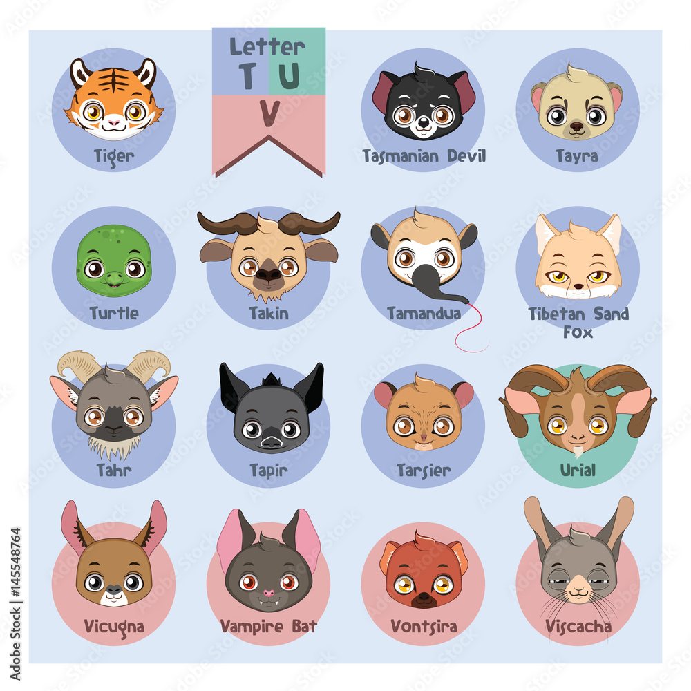 Animal portrait alphabet - Letter T, U and V Stock Vector | Adobe Stock