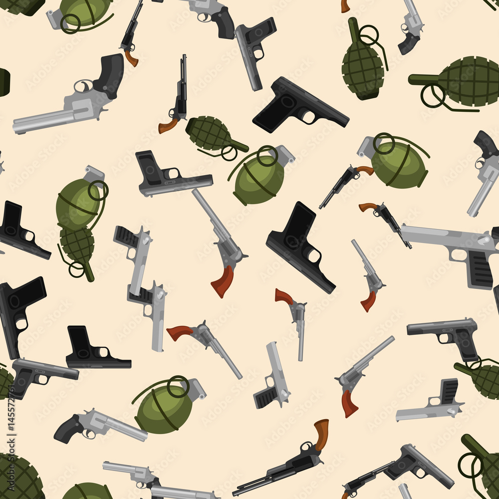 Vektor military gun seamless pattern, automatic and hand weapon in magazine barrel with bullets ...