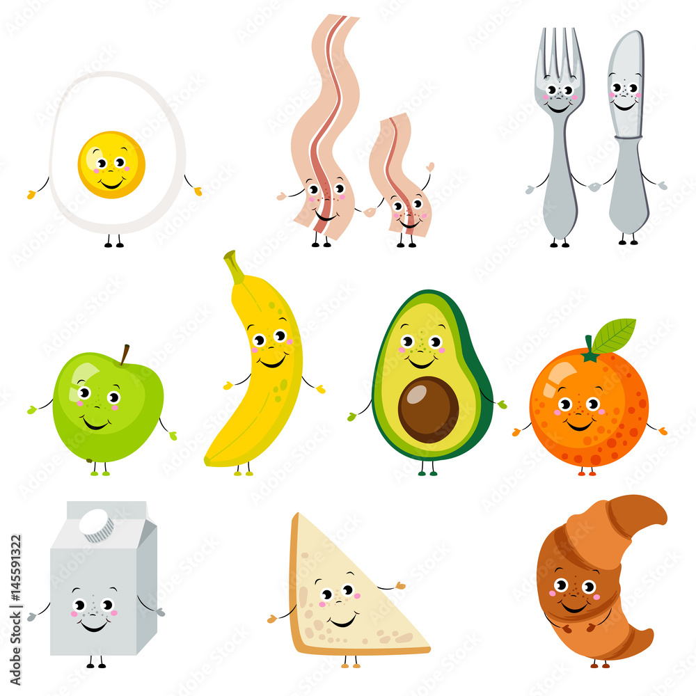 Vector de Stock Set of cartoon food: breakfast. Funny comic eggs and ...