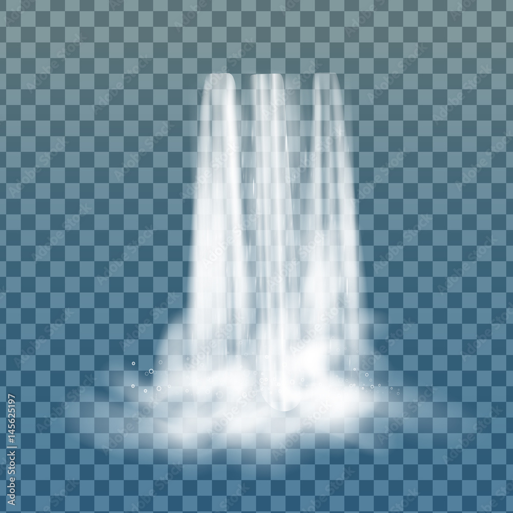 Realistic vector waterfall with clear water and bubbles. Natural ...
