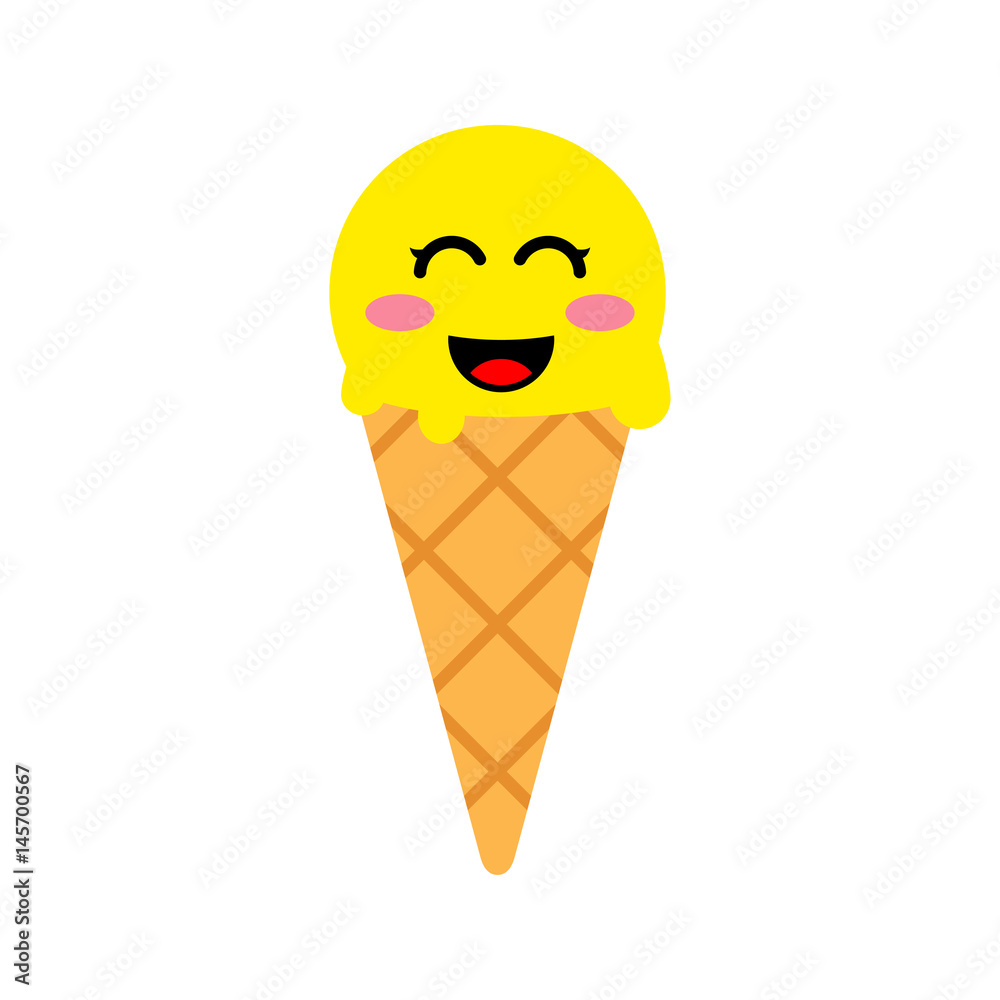 Vector de Stock Icono plano cara riendo kawaii en cornete de vainilla ...