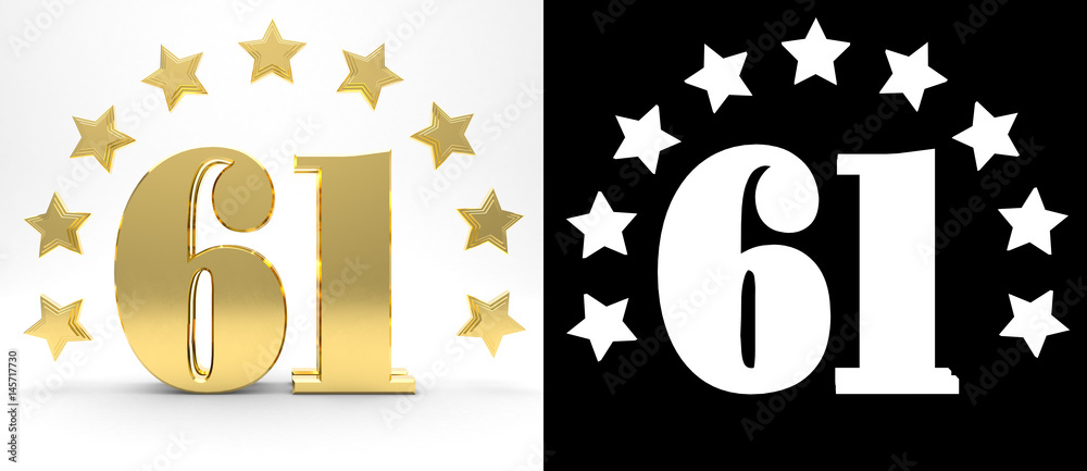 Golden number sixty one on white background with drop shadow and alpha ...