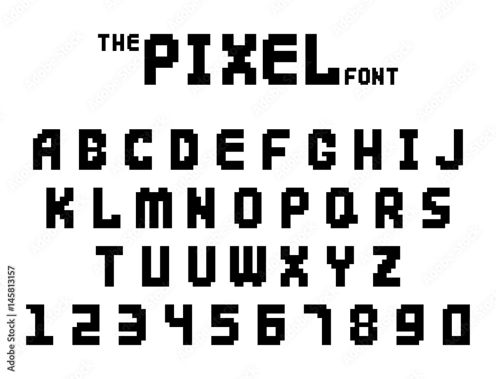 Pixel retro font video computer game design 8 bit letters numbers electronic futuristic style ...