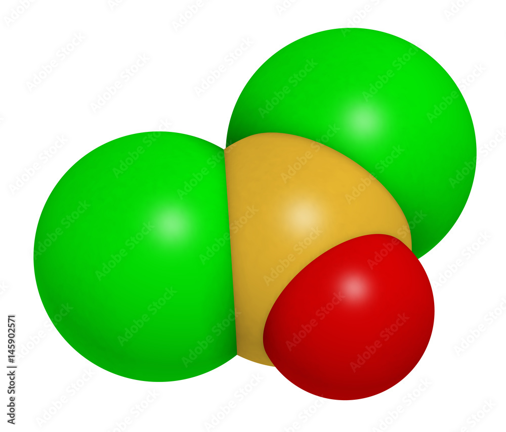 Thionyl chloride (SOCl2) chemical reagent molecule. 3D rendering. Atoms ...