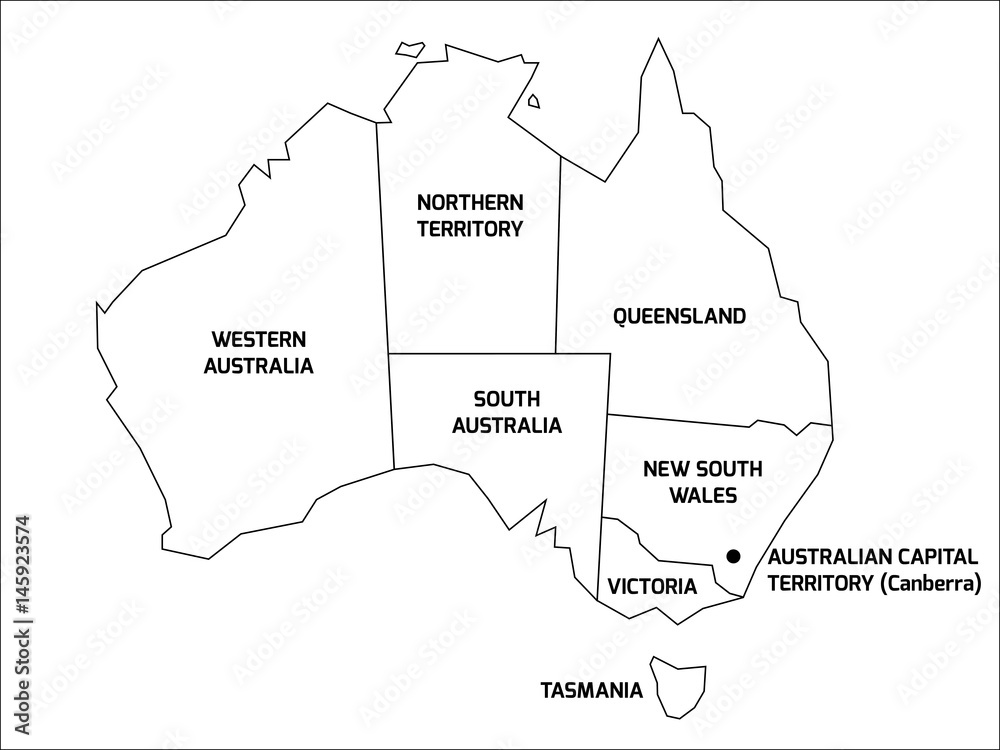 Simplified map of Australia divided into states and territories. Black ...