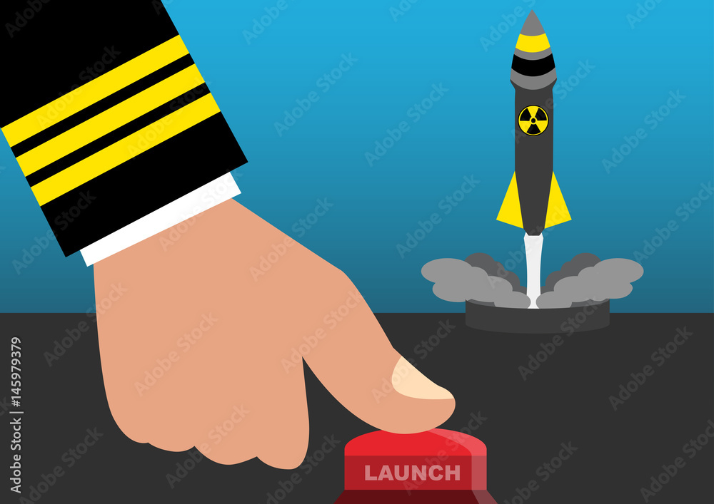Simple cartoon concept illustration of a commander press launch button ...