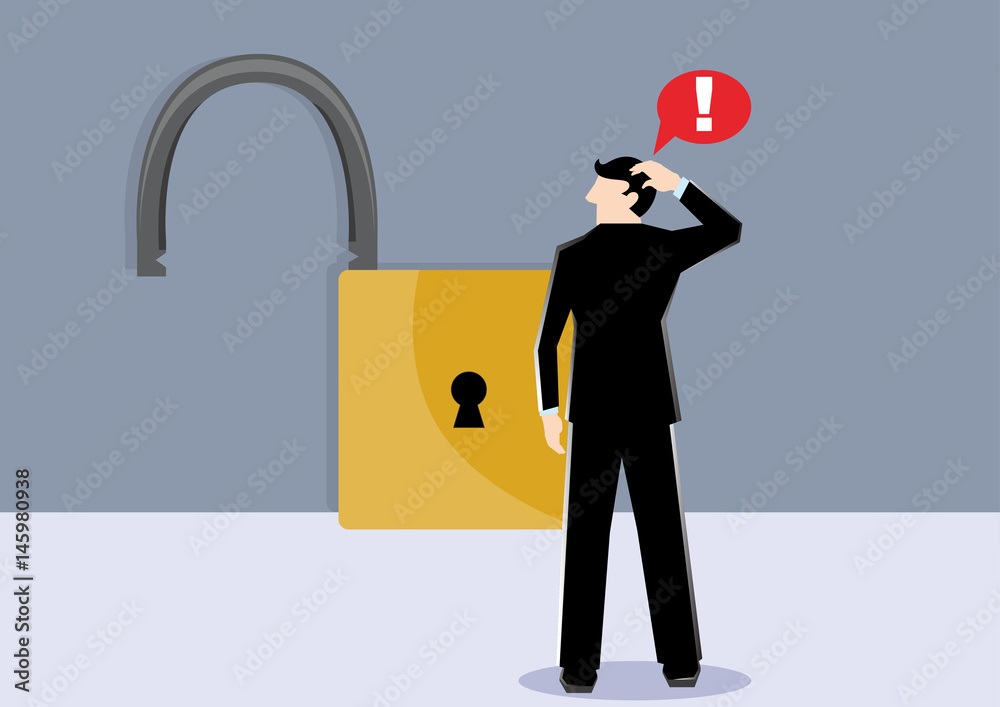 Simple business cartoon illustration a businessman shock see unlock ...