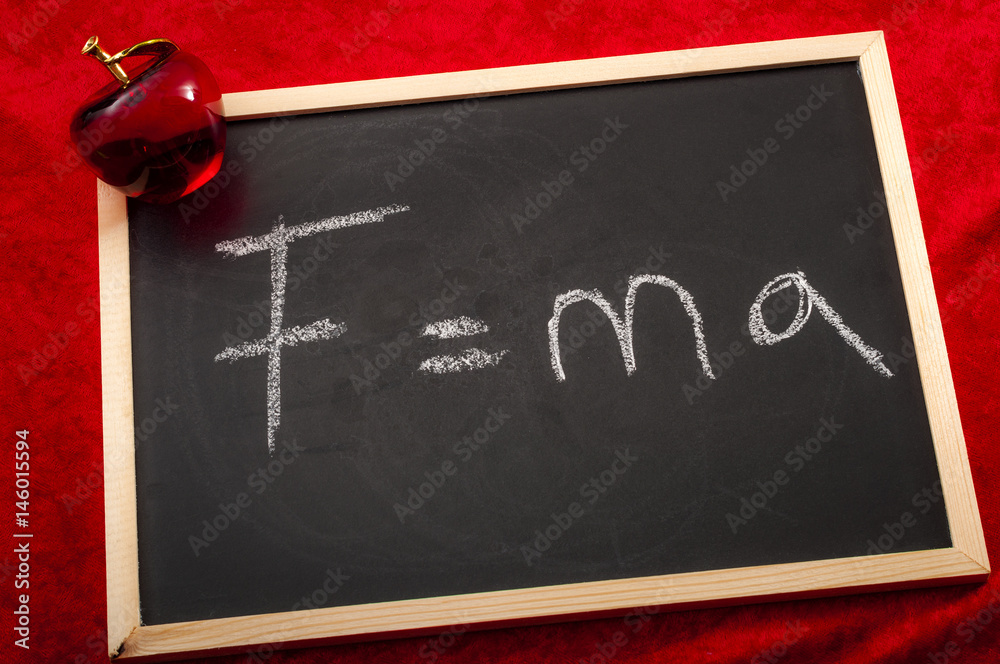 Blackboard and red glass apple with formula of the second law of motion ...