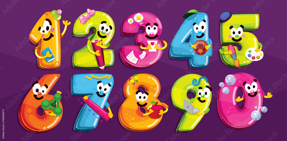 Cartoon figures. Smiling children's school characters numbers. Vector ...
