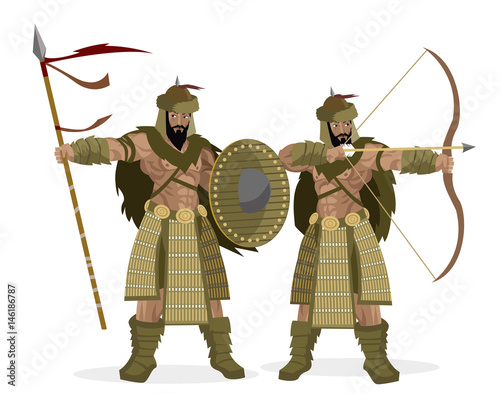 two mongol warriors with spear and bow Stock Illustration | Adobe Stock