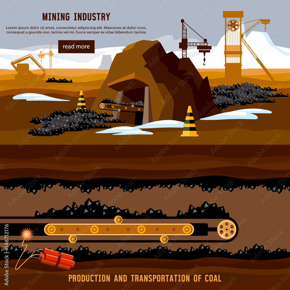 Process of coal mining, bulldozers, conveyor cartoon. Excavator working ...