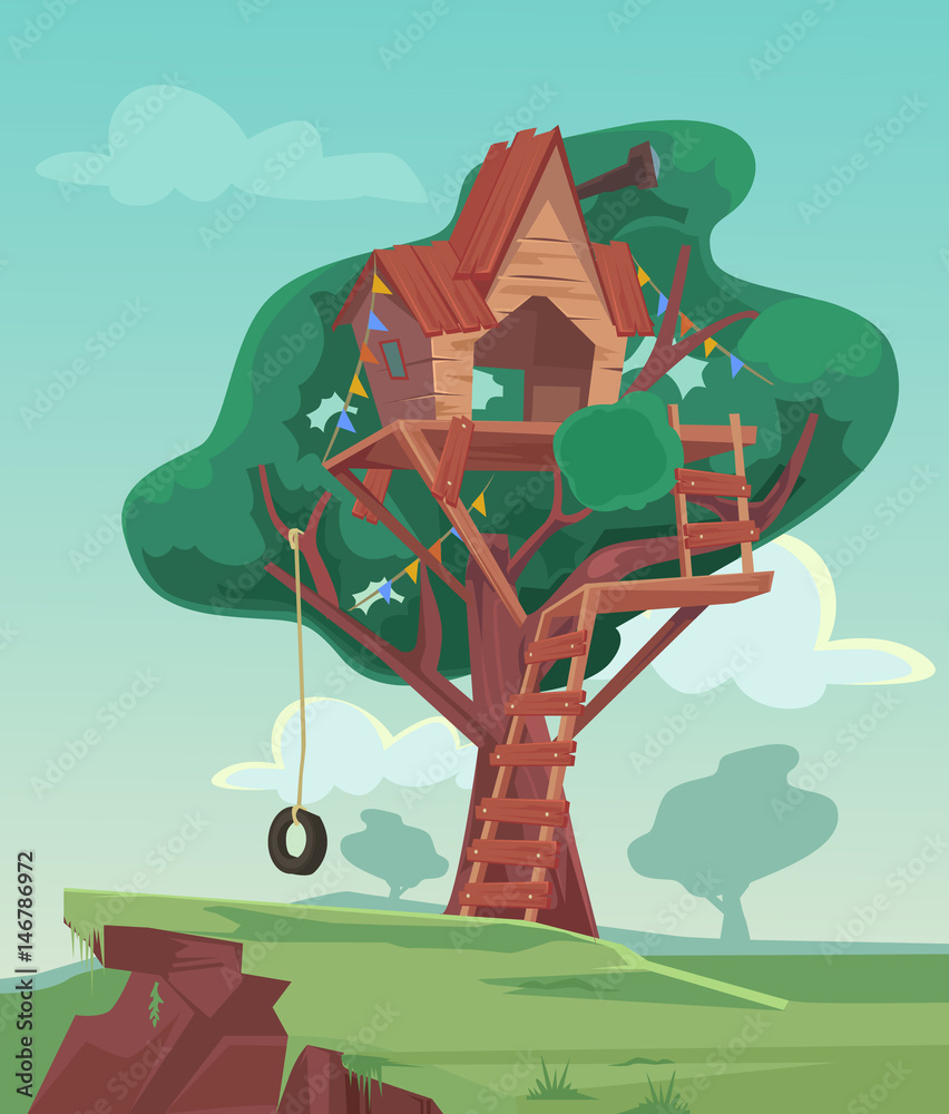 Tree house. Vector flat cartoon illustration Stock Vector | Adobe Stock
