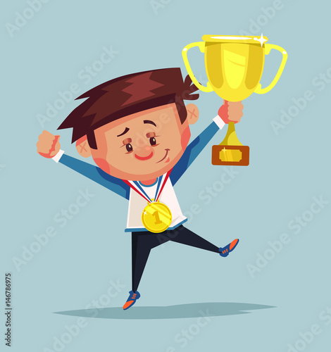 Happy smiling little boy winner holds golden cup. Vector flat cartoon ...