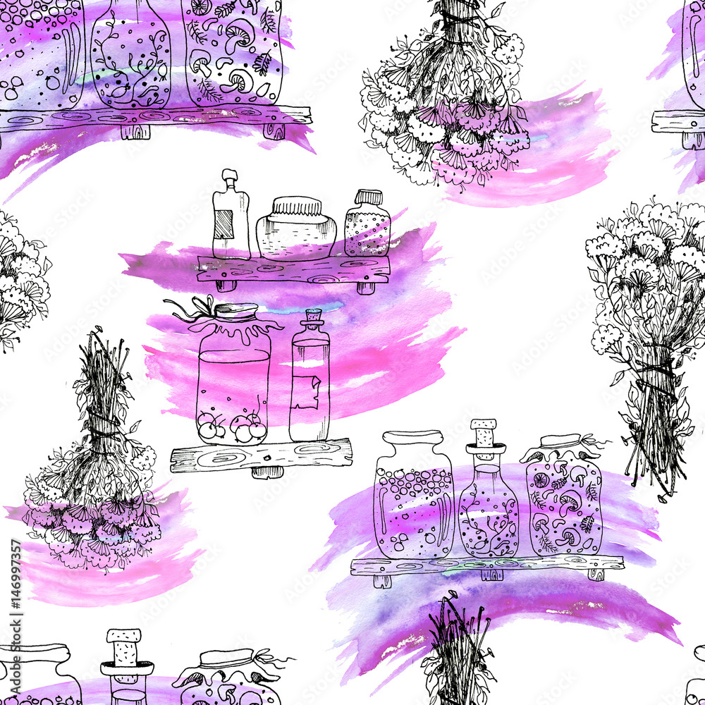 Watercolor seamless pattern with a picture - pantry, jar with jam ...
