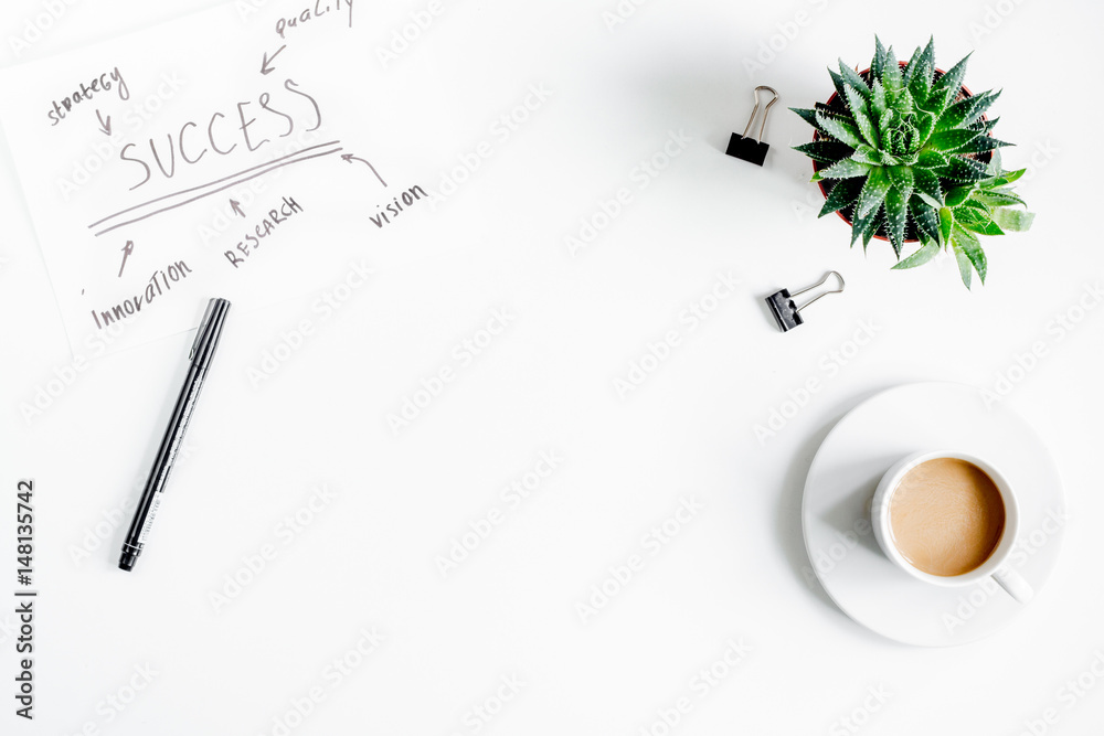 business plan with chart hand-drawn on white table background top view ...