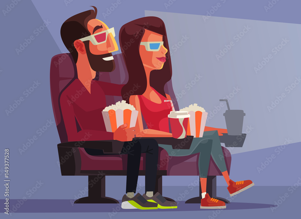 Happy smiling couple character mascot in cinema watching movie. Vector ...