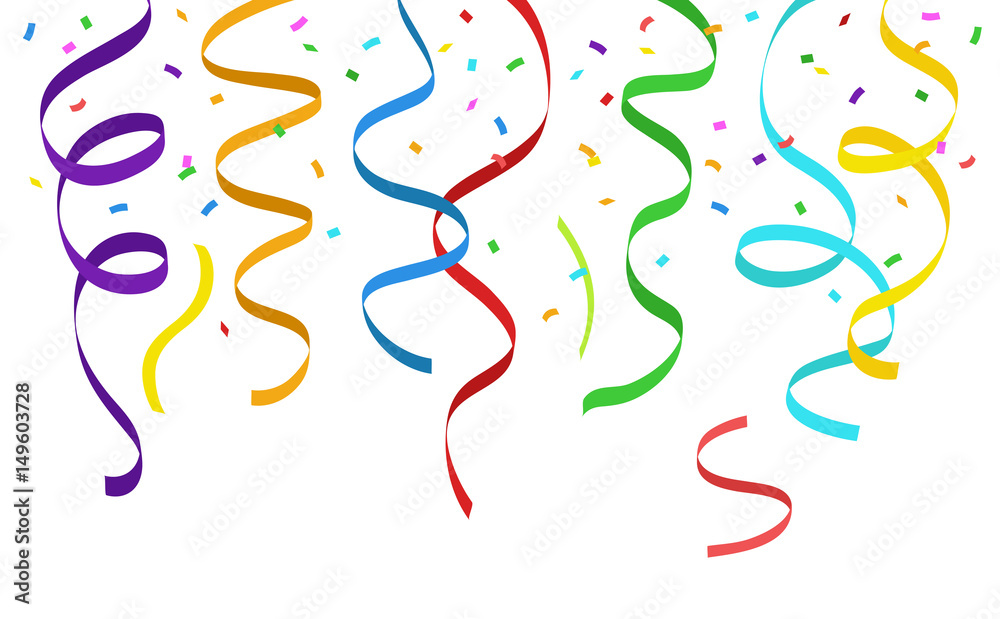 Hanging colorful streamers and falling confetti on white background ...