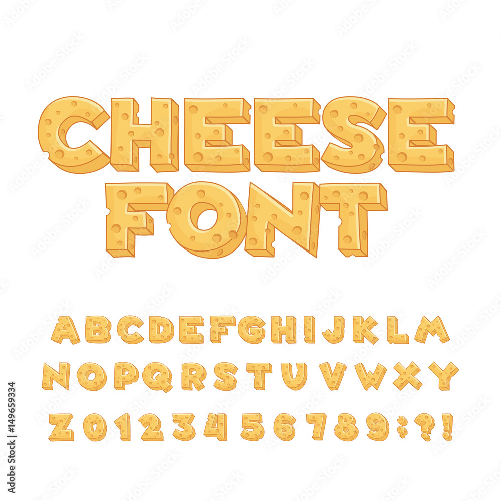 Cartoon cheese alphabet font. Type letters, numbers, symbols. Stock ...