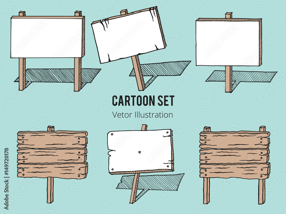 Sketch set of wooden signboards. Set of old wooden sign board in ...