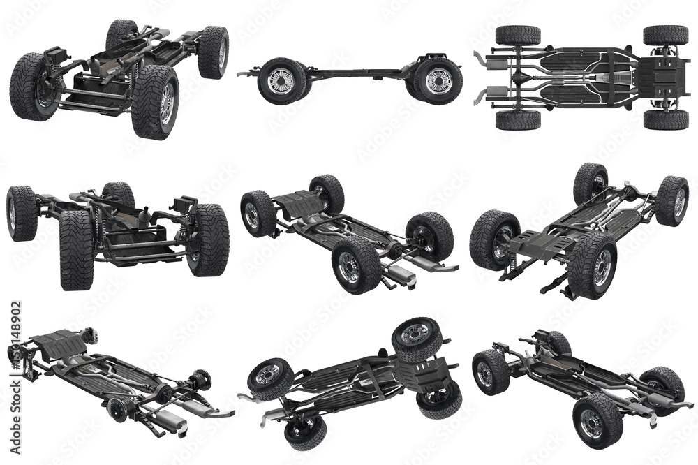 Chassis frame car with wheel set. 3D rendering Stock Illustration ...