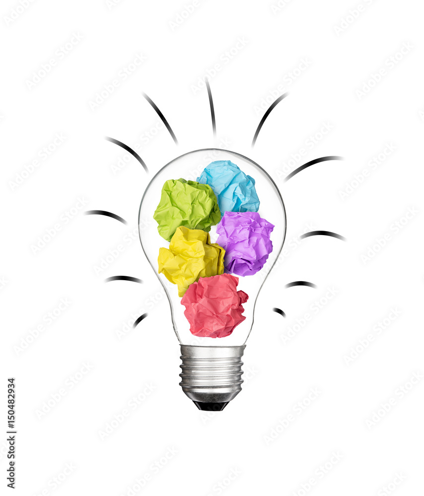 Lightbulb and colorful paper crumpled isolated on white background idea ...