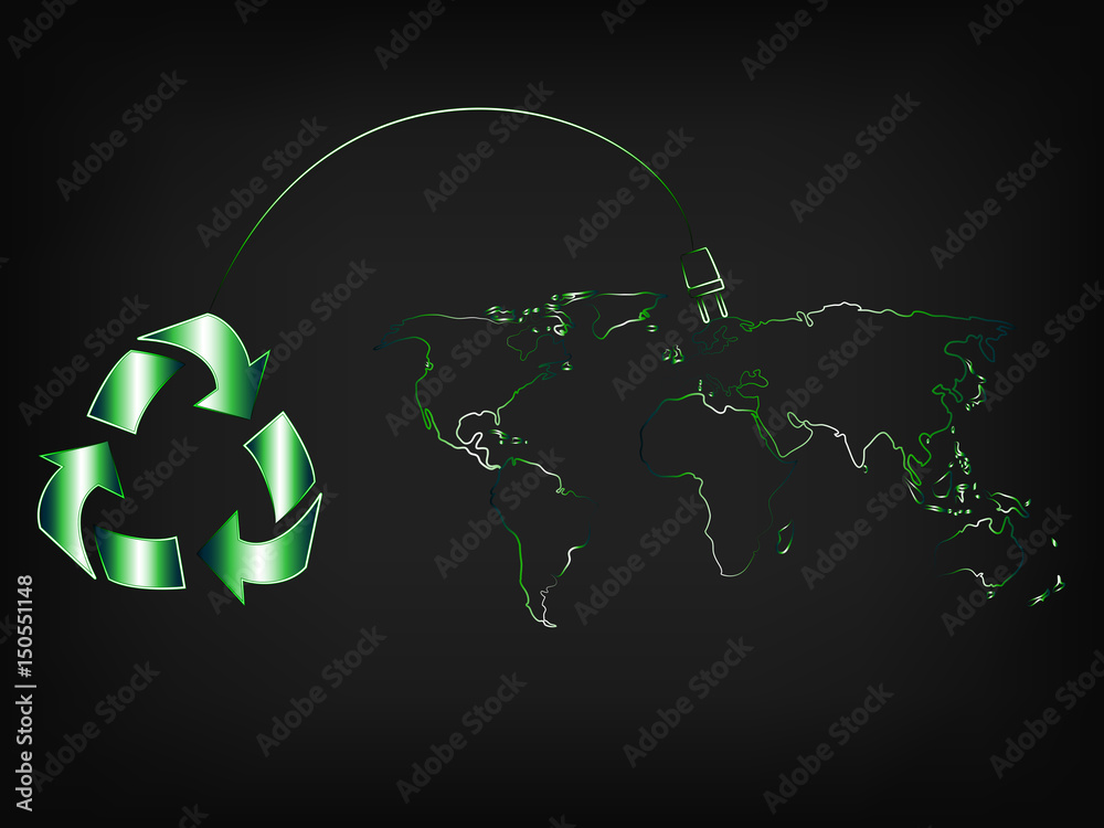 recycle symbol with plug recharging world map of renewable energy Stock ...