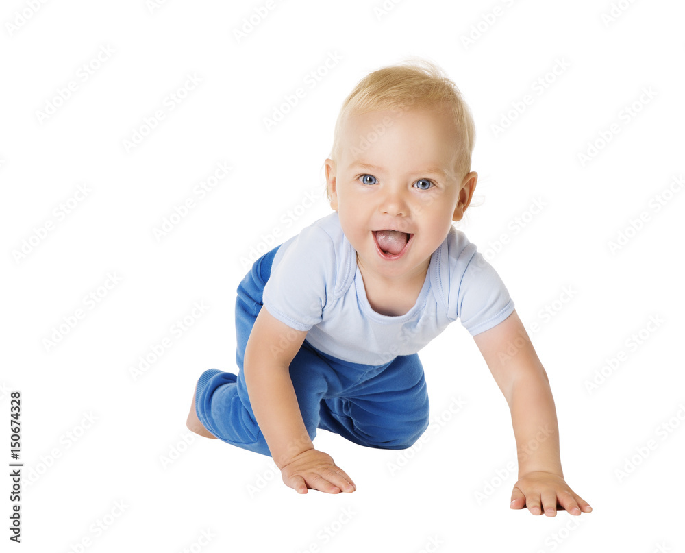 Baby Crawling over White Background, Happy Kid One Year old, Child Boy ...